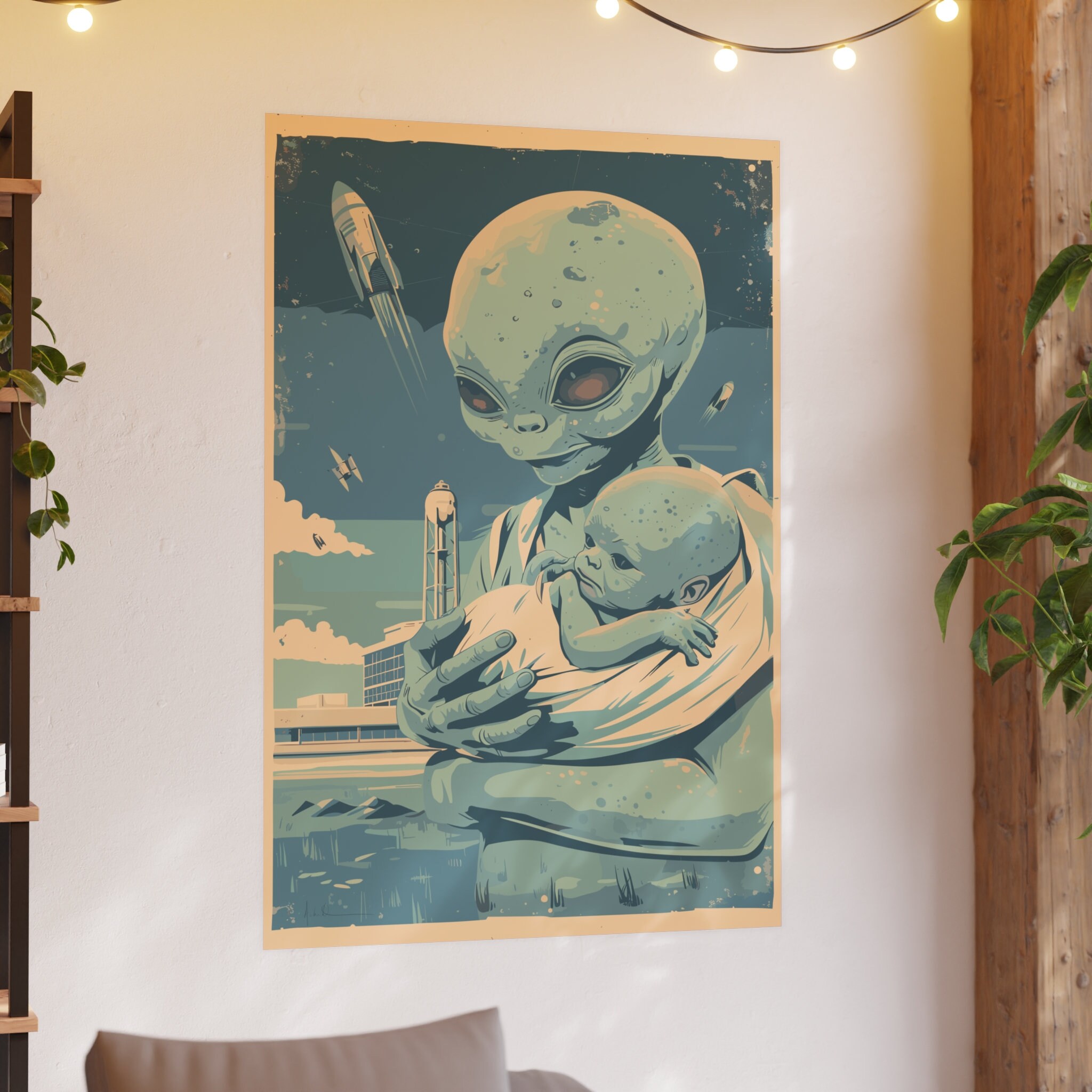 Retro Sci-fi Alien and Child Poster - Vintage Space Art Print, Rocket ...