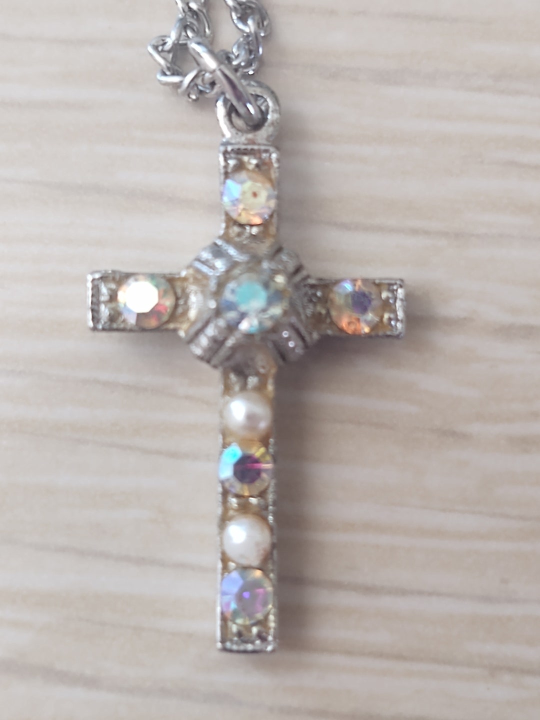 Cross With Chain, Aurora Borealis and Seed Pearl Necklace - Etsy
