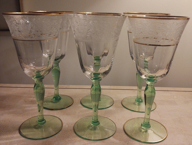 Set of 6 Antique Wine/water Glasses Gold Rim Etched Ribbed - Etsy