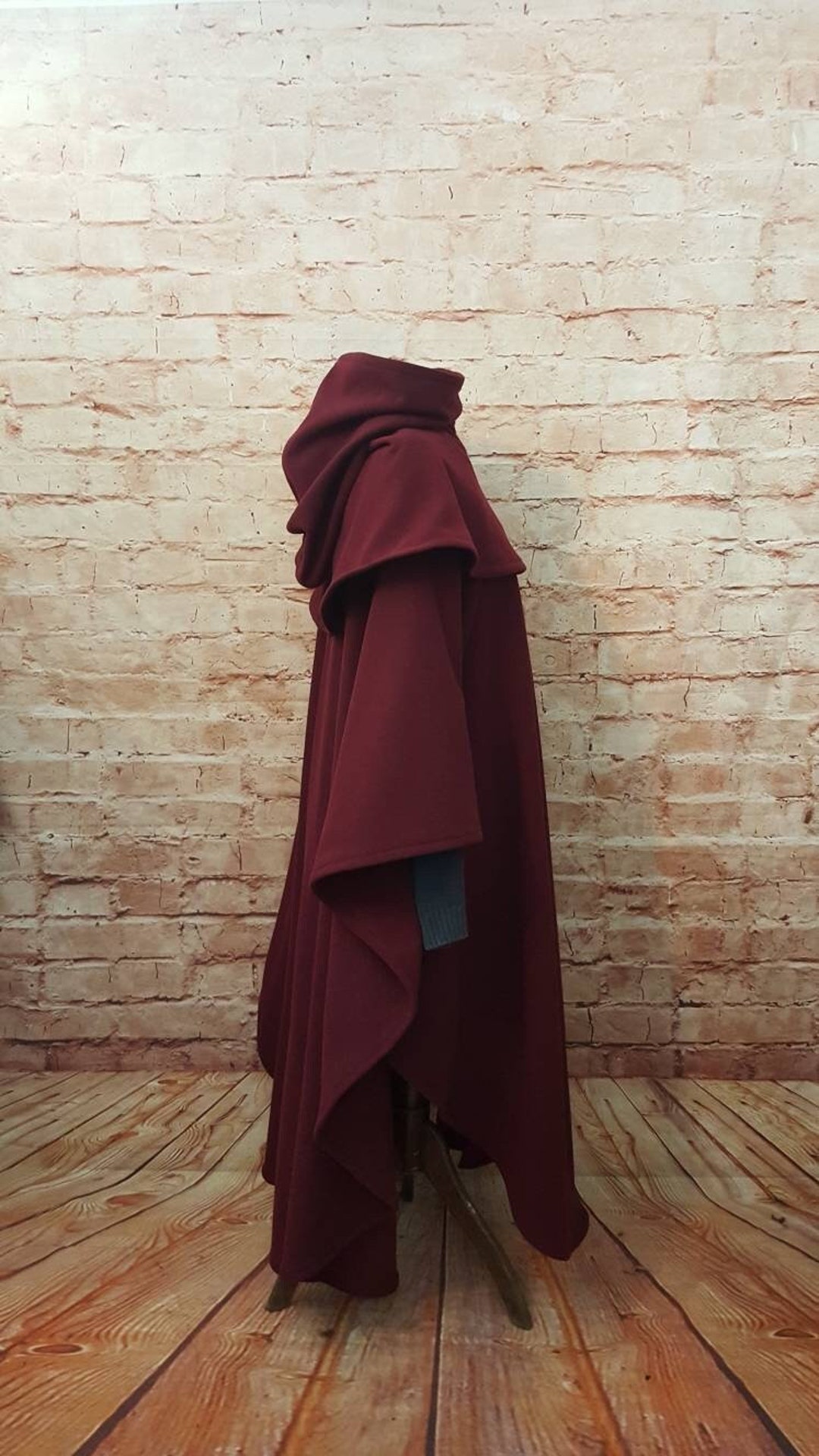 Cape and Cowl Burgundy Red Made of Wool Fabric Hood Short, Medieval ...