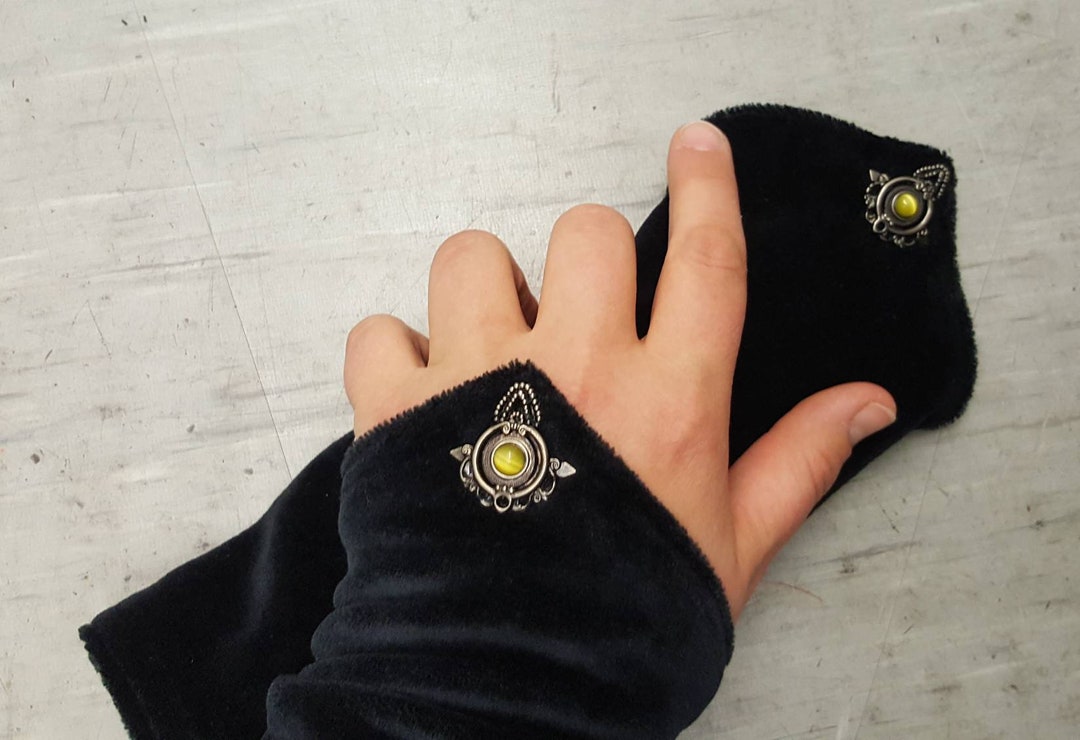 Cuffs Velvet Black With Yellow Gemstone, Wrist Warmers Velvet, Cuffs ...