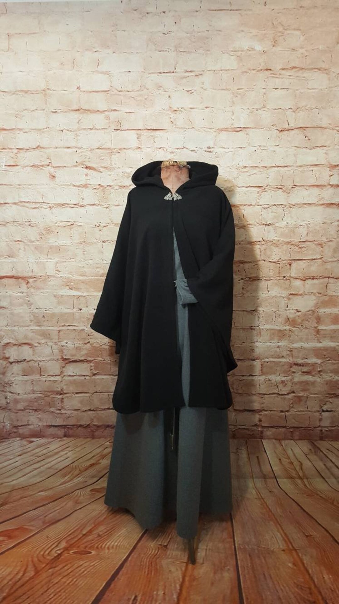 Cape Black Hood Long, Viking, Cloak Medieval, Fantasy, Larp, Cape Black ...