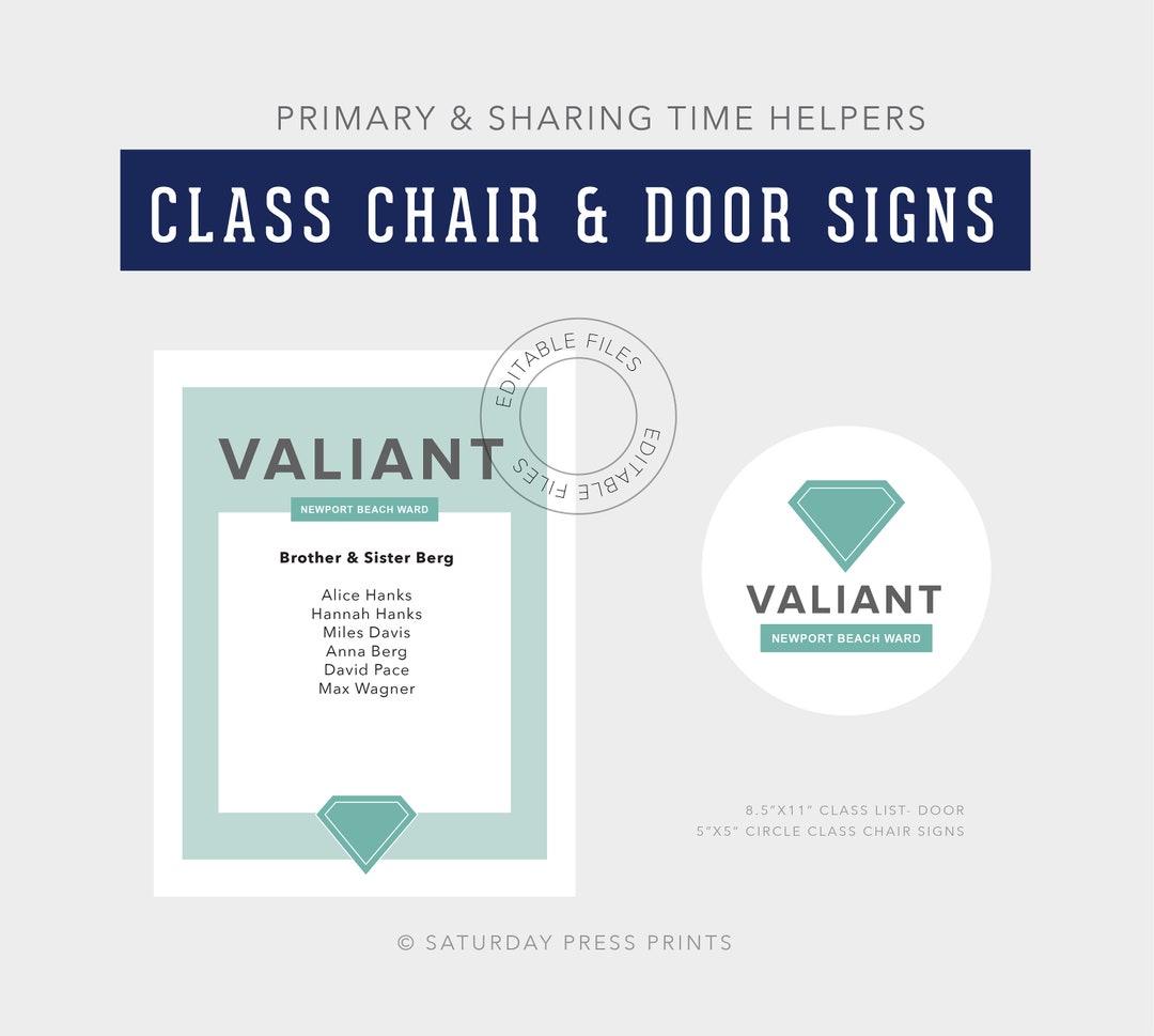 LDS Primary Class Door Signs Chair Signs Sharing Time Assignment Chair ...