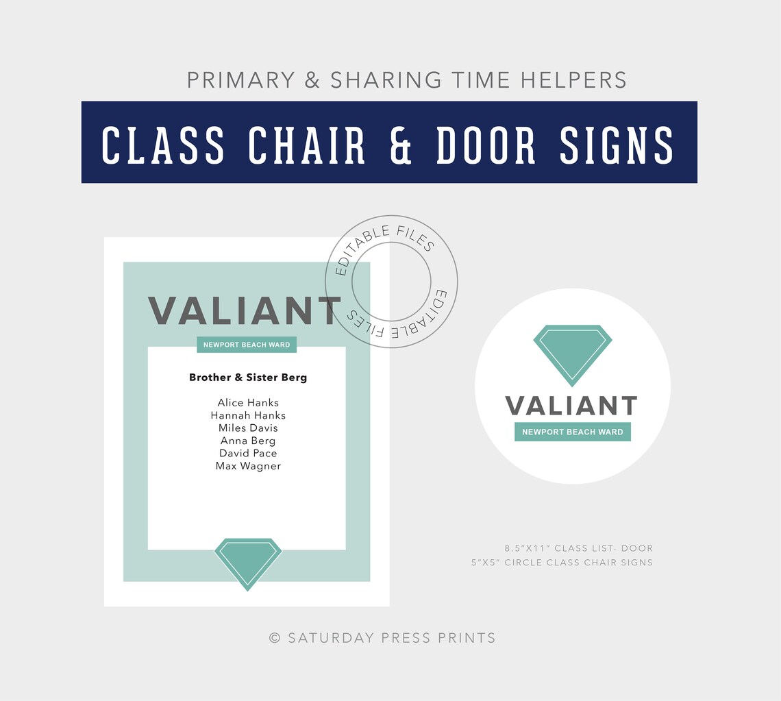 LDS Primary Class Door Signs Chair Signs Sharing Time Assignment Chair ...