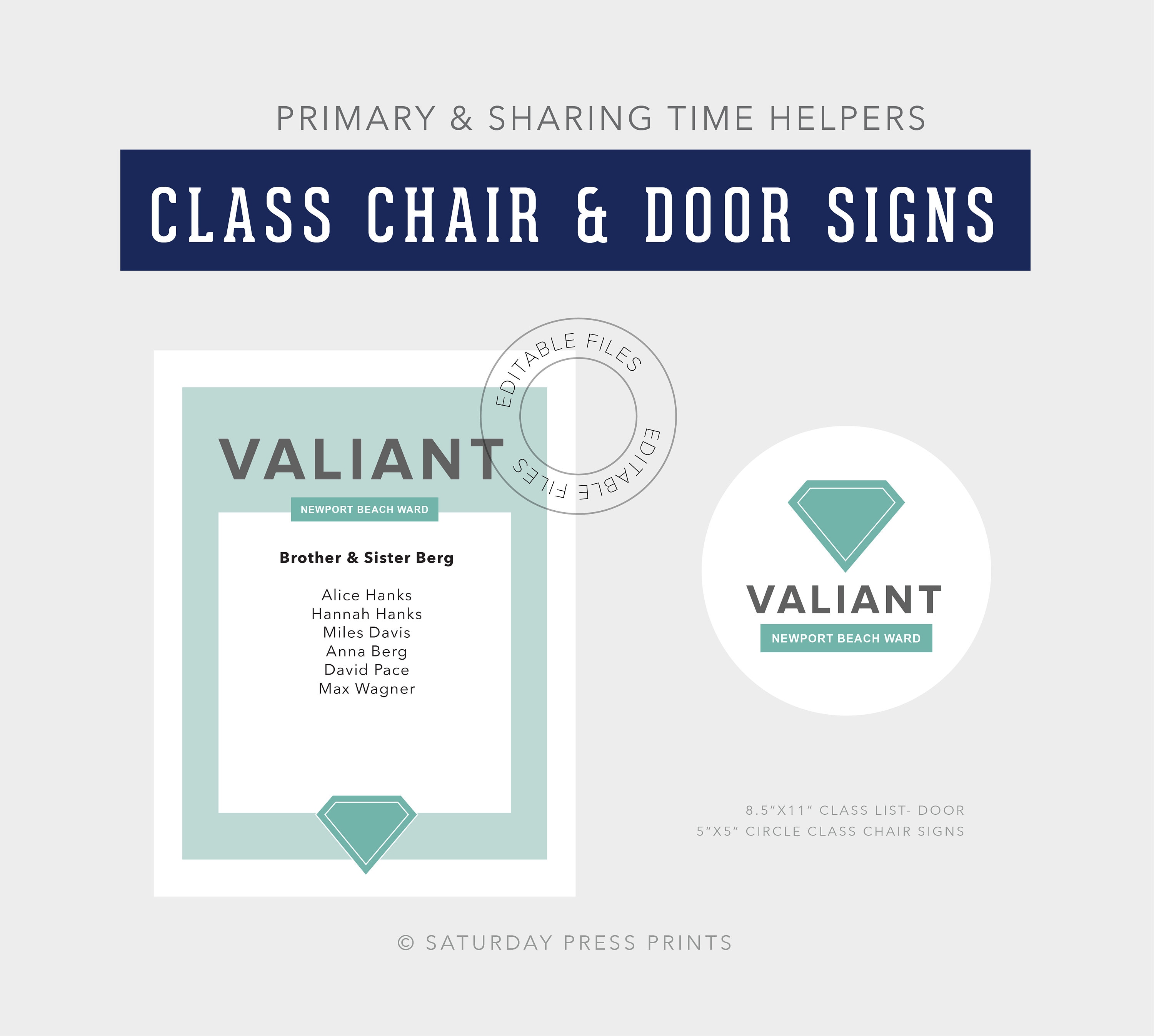 LDS Primary Class Door Signs Chair Signs Sharing Time Assignment Chair ...