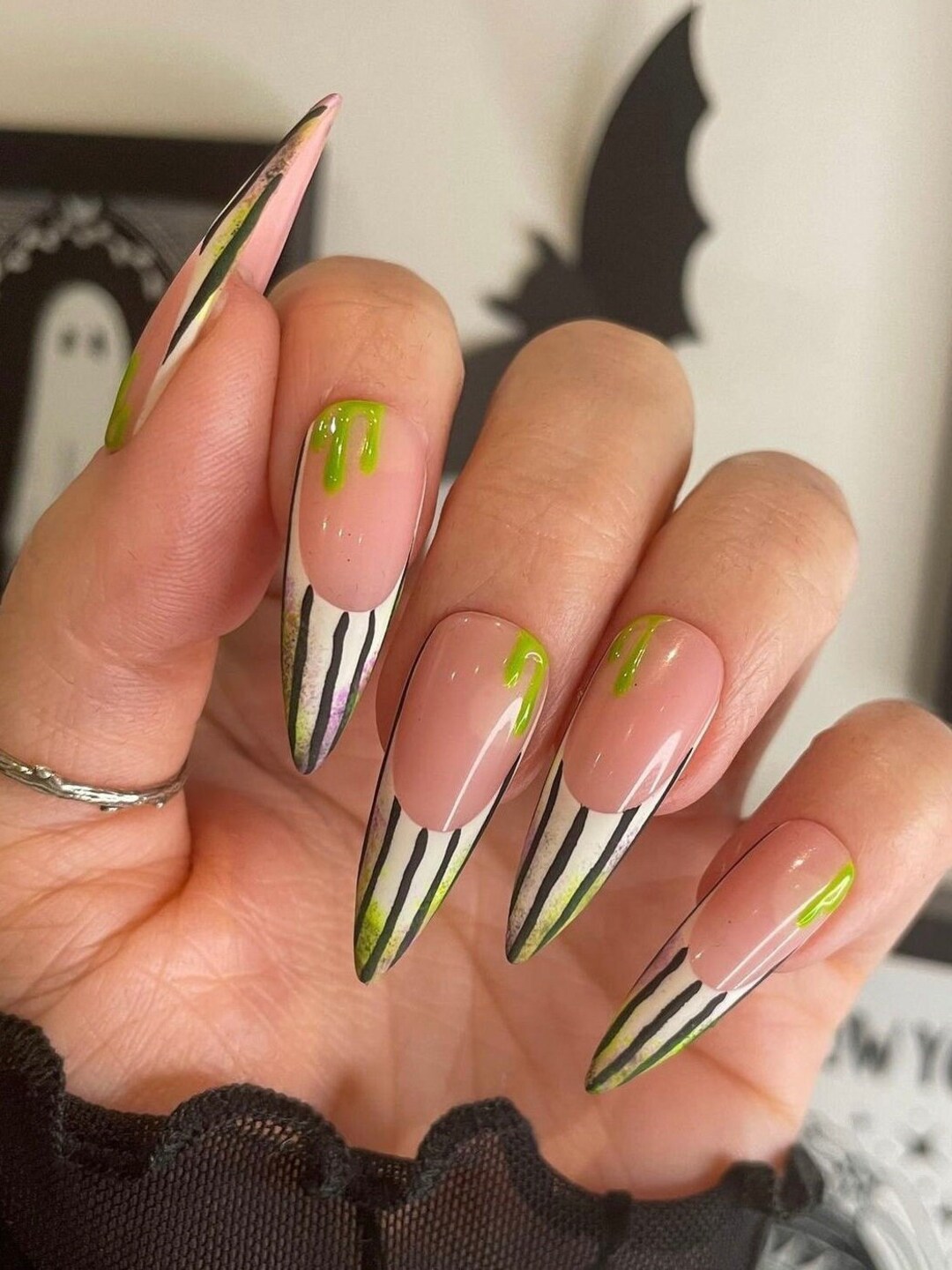 Beetlejuice Inspired, Spooky French Tip, Gothic Nails, Gifts for Her ...