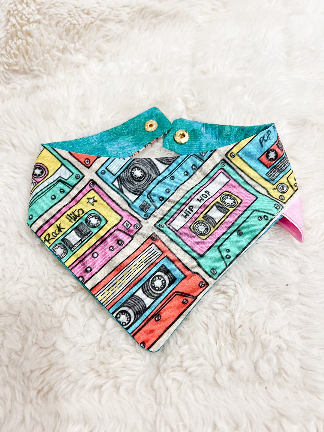 Retro Cassette, Curved Neck Snap on Dog Bandana, Winter Pet Collar ...