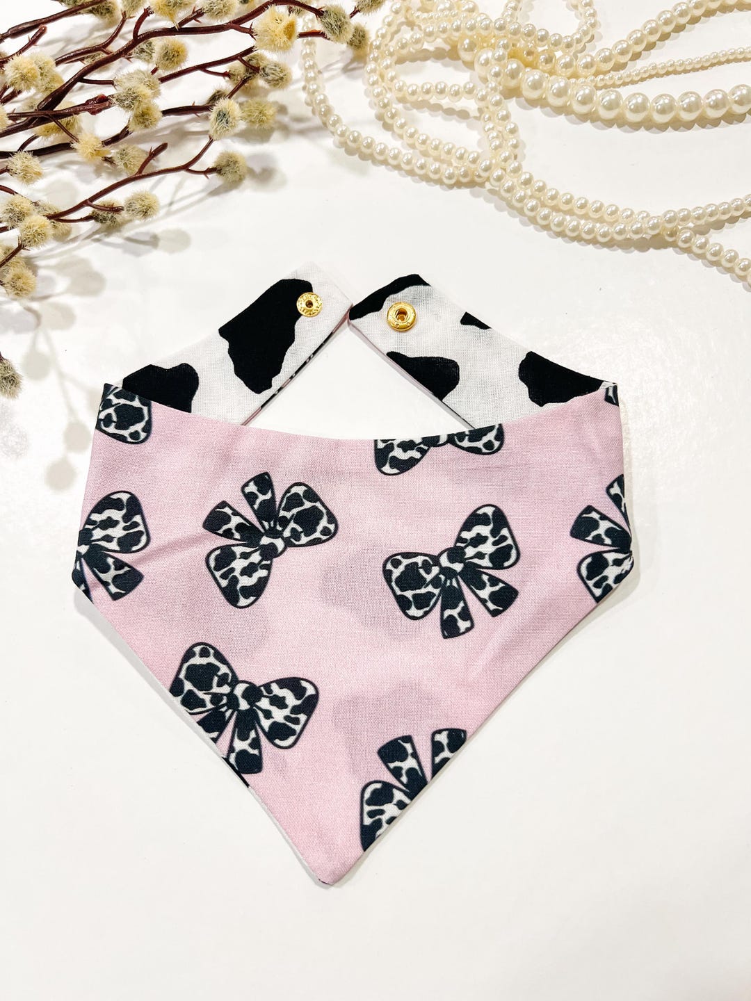 Coquette Cowprint Bow Dog Bandana, Reversible Curved Neck Snap On, Pet ...