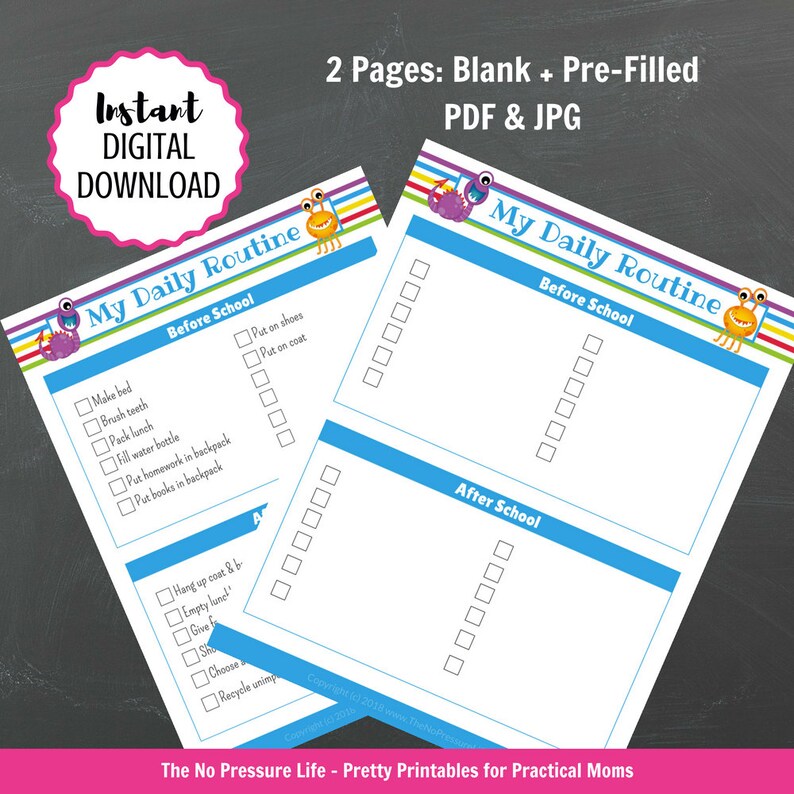 Daily Routine Chart for Kids Printable With Cute Monsters - Etsy
