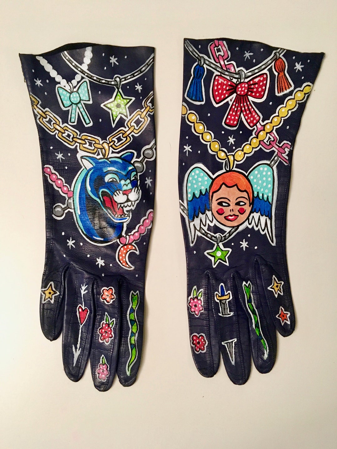 Hand Painted Wearable Glove, Fine Art, Tattoo, Angel, Heart and Dagger ...