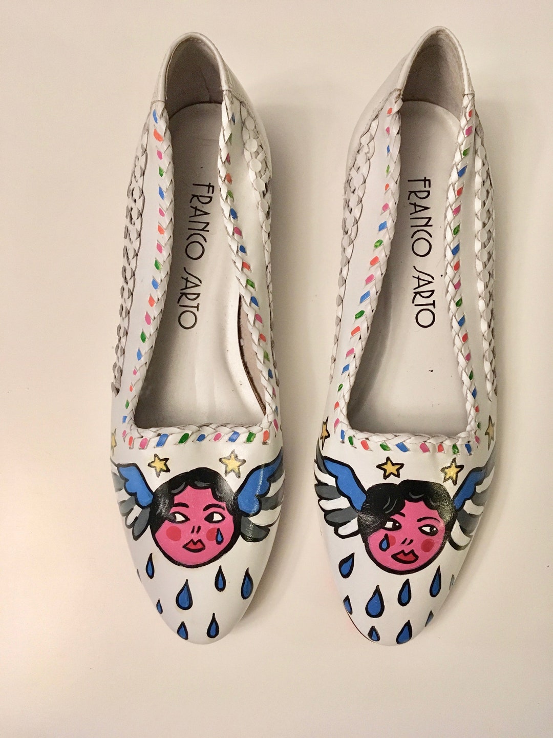 Crying Angel Hand Painted Shoe, Women's Shoes, White Leather Slip Ons ...