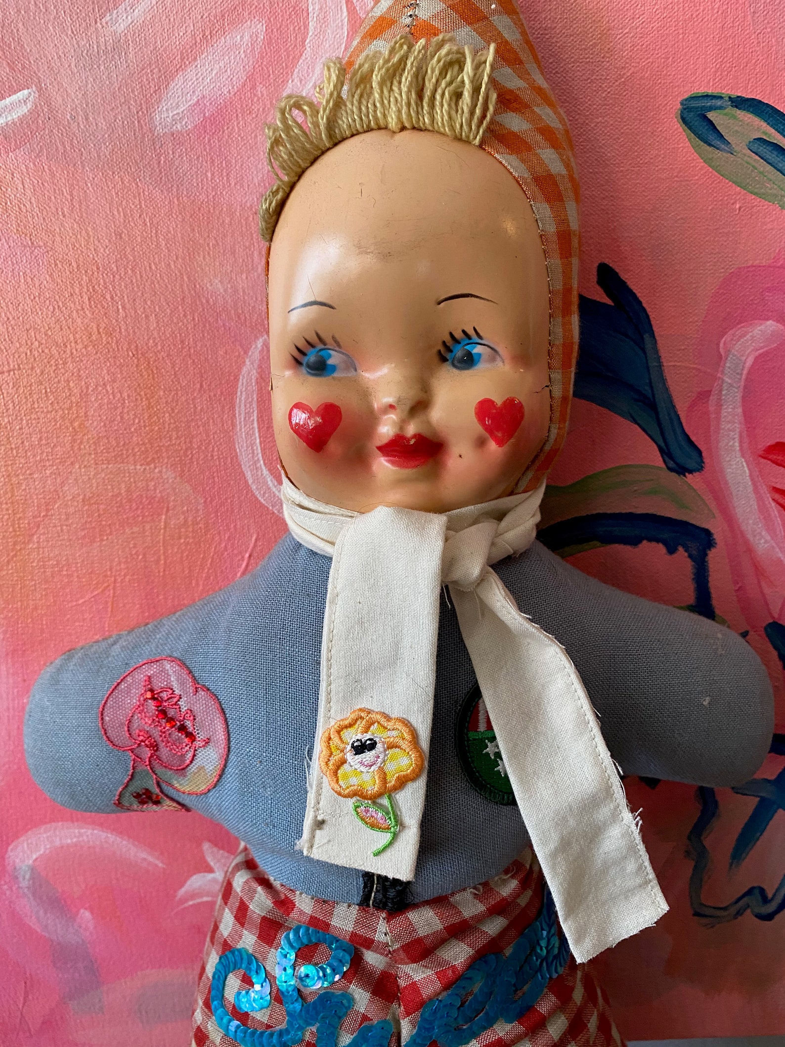 Vintage plastic faced stuffed doll up-cycled patchwork doll | Etsy