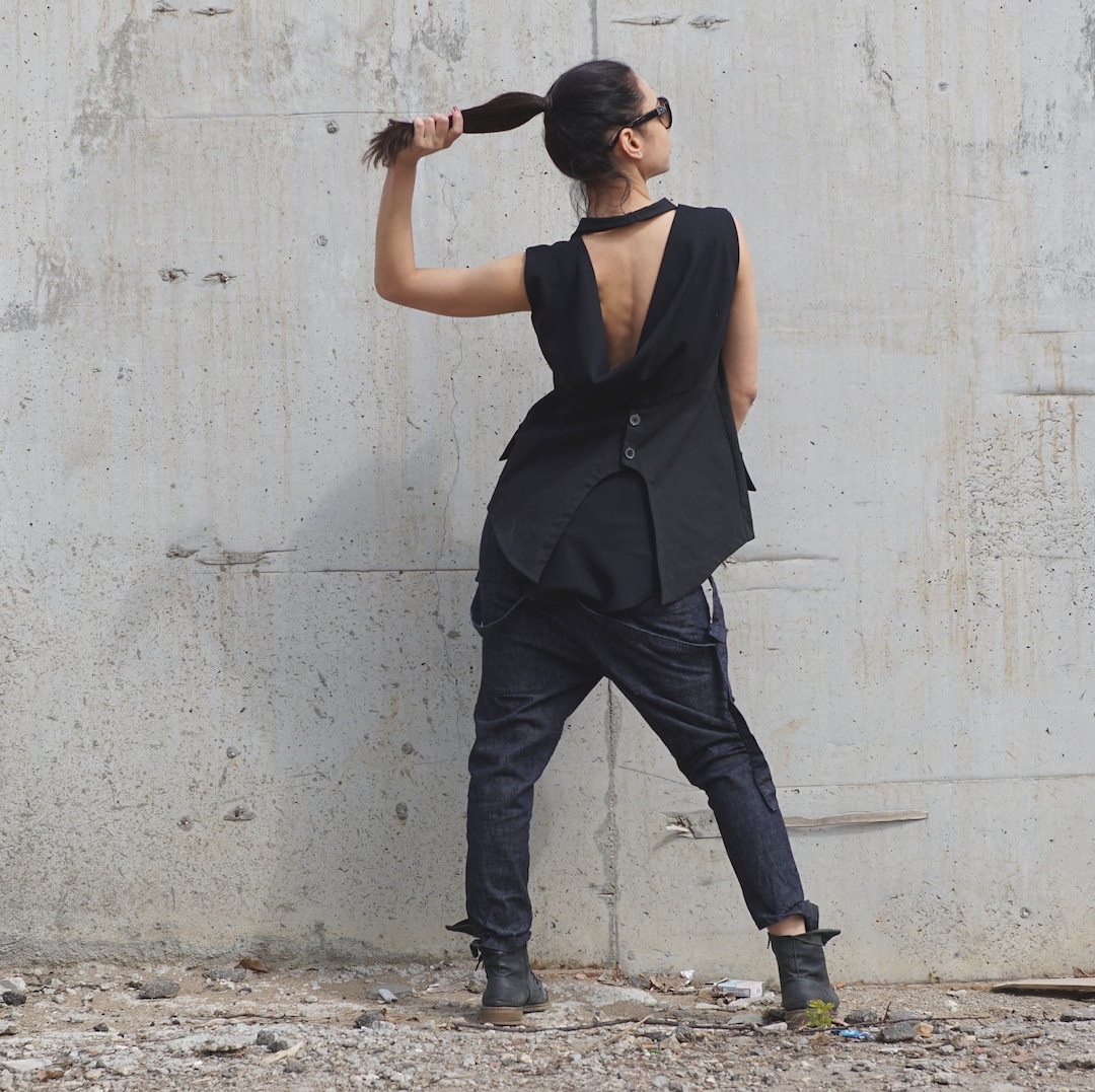 Black Vest, Open Back Jacket, Office Clothing, Dinner Top, Open Back ...