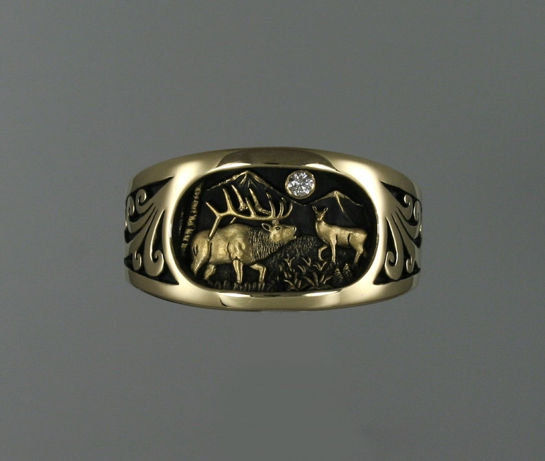 Mens 14kt Gold Bull Elk Ring With Cow Elk and Diamond Moon - Wildlife ...