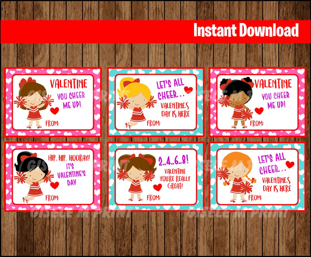 CHEER VALENTINES Cards PRINTABLE Valentine Cards Cheerleader Valentine Favor Tags Instant ...