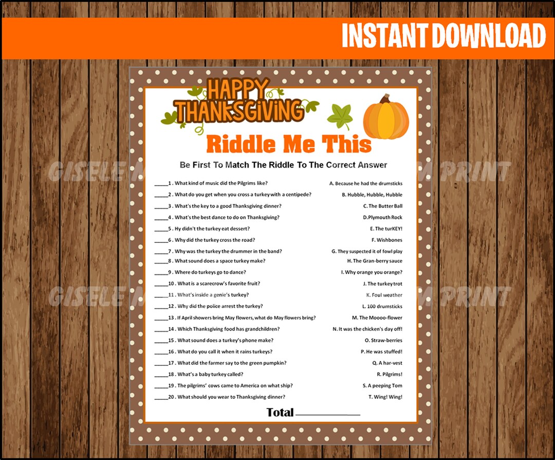 Thanksgiving Game, Printable Thanksgiving Riddle Game, Thanksgiving ...