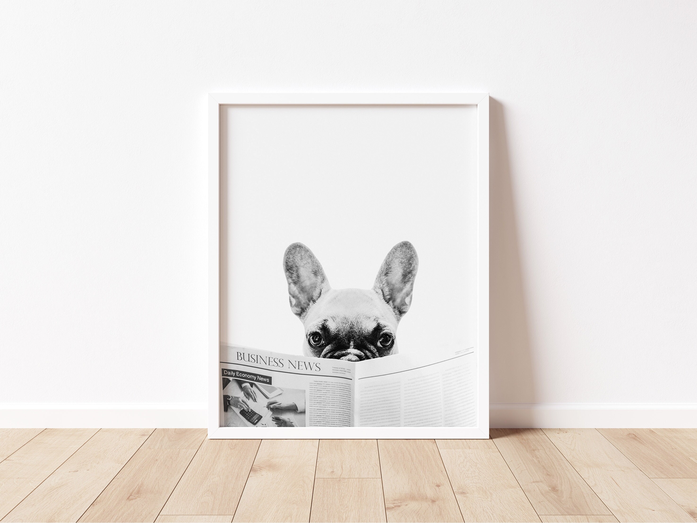 French Bull With Newspaper Dog Print, Black and White, Bulldog Artwork ...