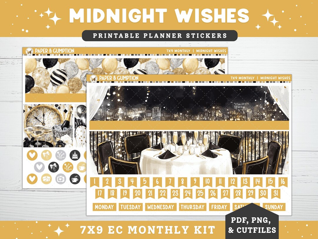 NYE Printable Planner Stickers, EC 7X9 Monthly Kit, Midnight Wishes ...