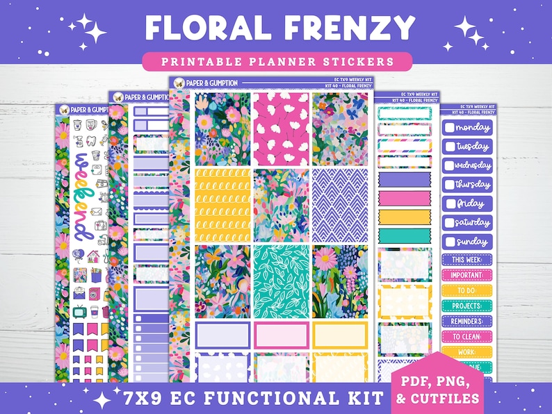 Spring Printable Planner Stickers, Floral Frenzy, EC Weekly, Kit 40 ...