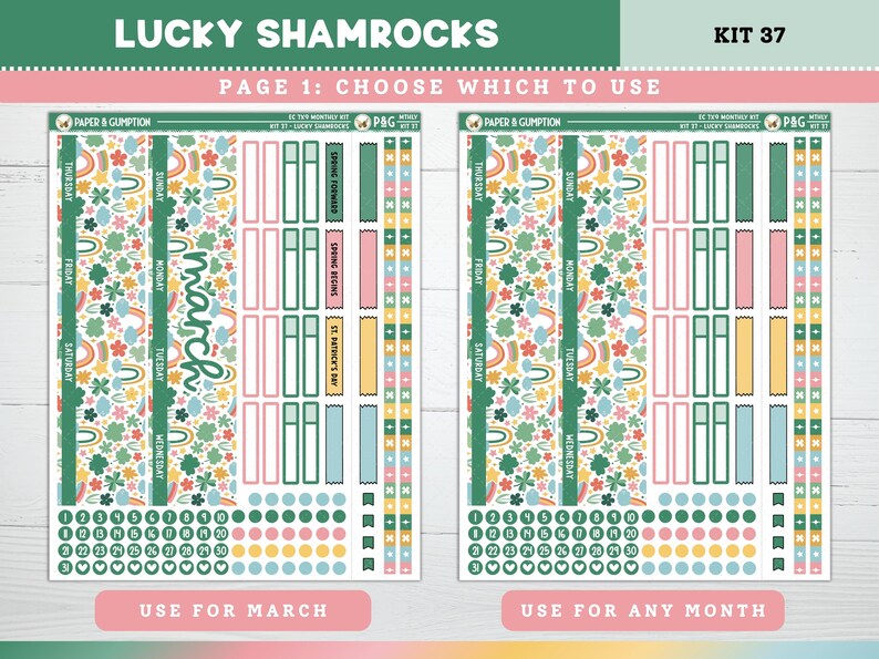 St Patricks Printable Planner Stickers, Lucky Shamrocks, March 7x9 ...