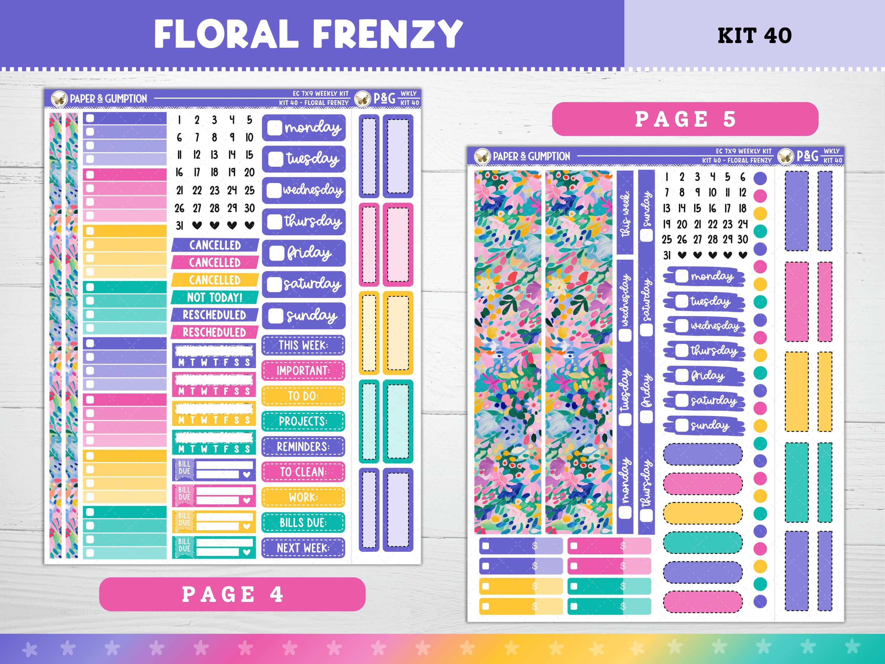 Spring Printable Planner Stickers, Floral Frenzy, EC Weekly, Kit 40 ...