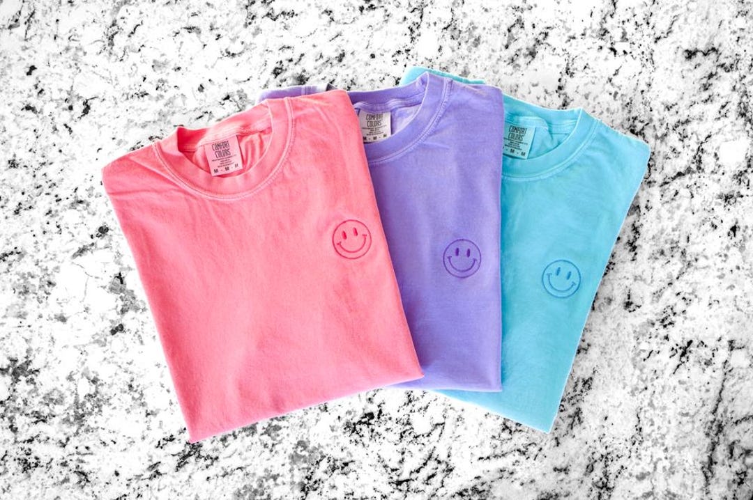 Embroidered Smiley Face Shirt // Neon Happy Face Shirt // Comfort ...