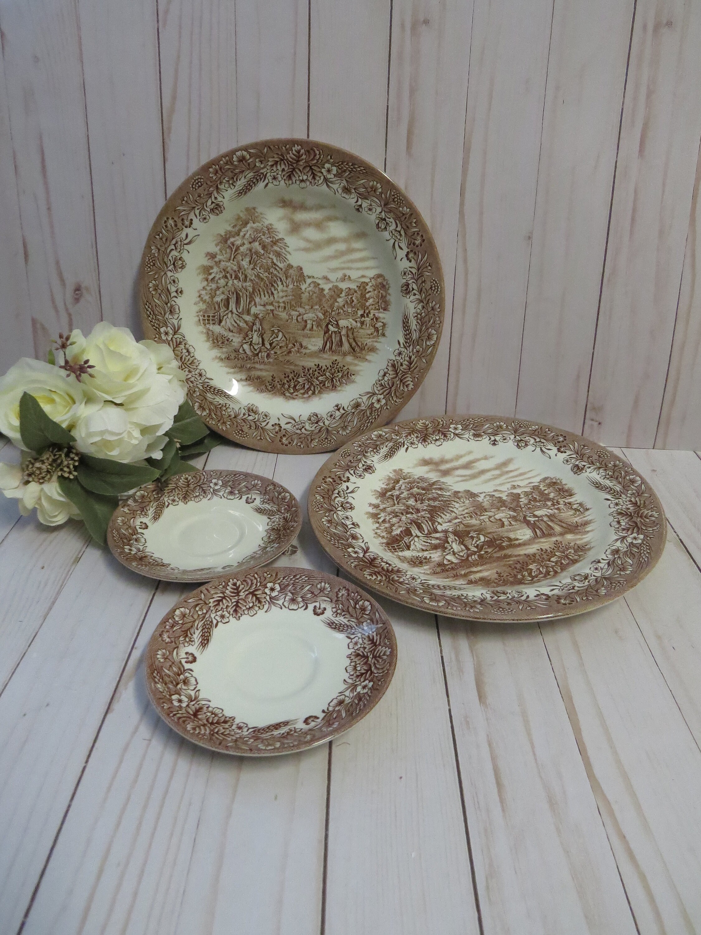 4 Holiday Tableware Brown Transferware Plates