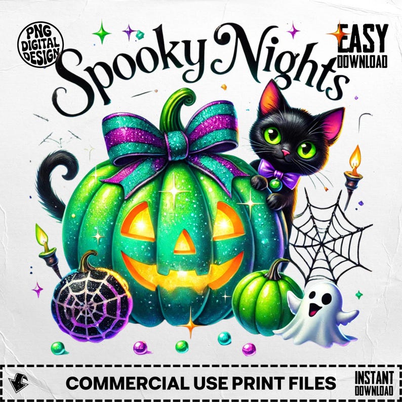 Spooky Nights Digital Download, Halloween Sublimation PNG, Cute Black ...