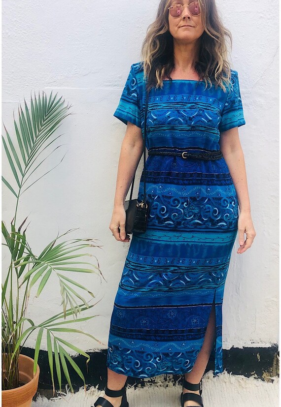 Vintage 90s Blue Patterned Dress - Etsy