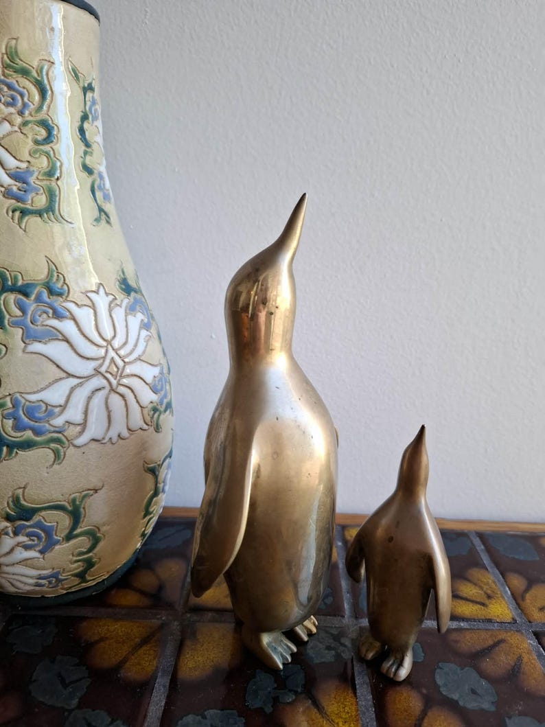 Vintage Solid Brass Penguins MCM "parent & Chick" Sculptures Heavy 713g ...