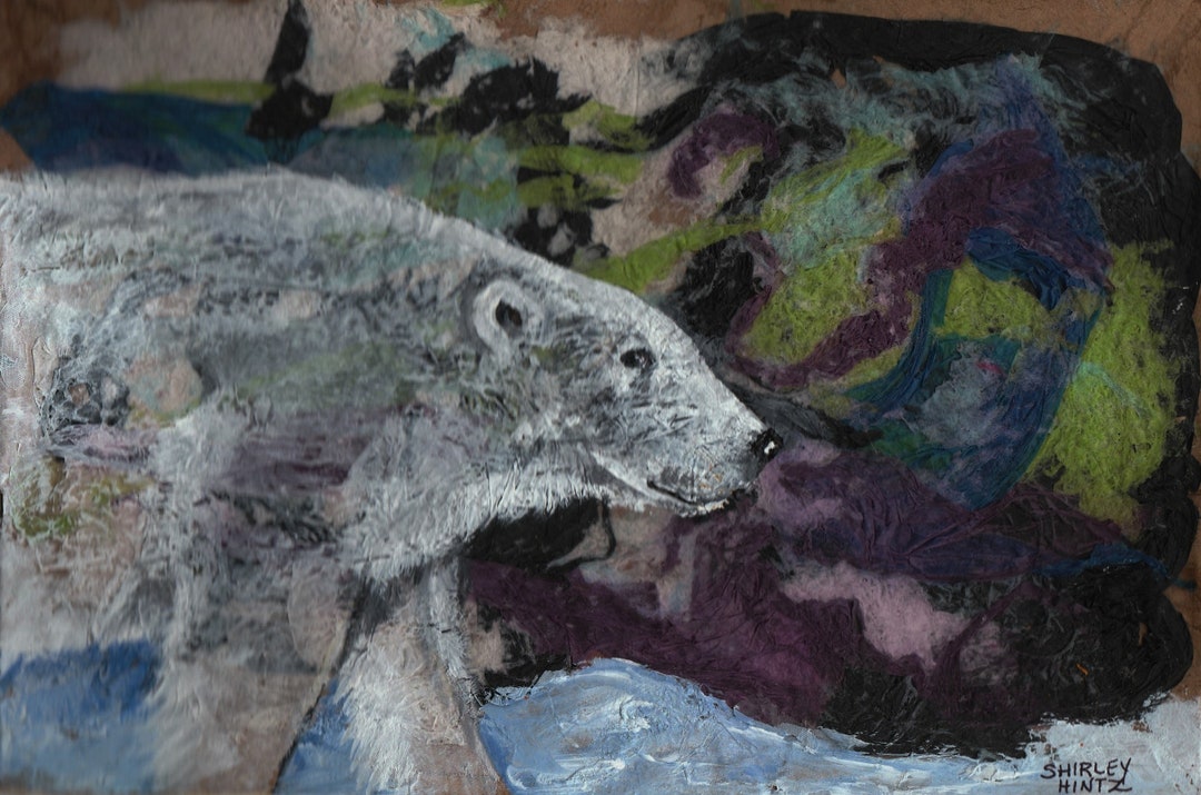 Handmade Polar Bear Journal, Northern Lights Acrylic Painting, Coptic ...