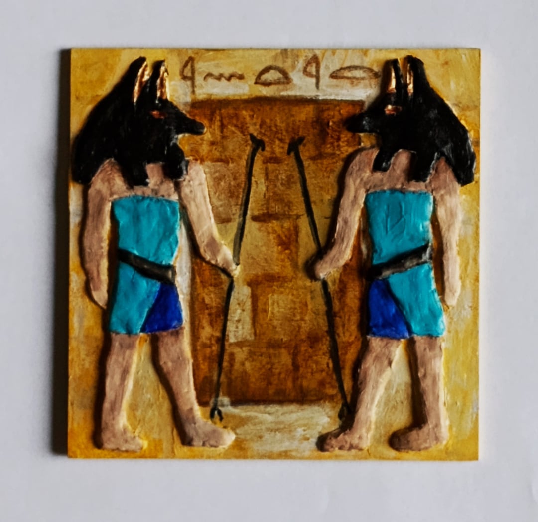 Anubis Guards Bas Relief Clay Sculpted and Hand Painted Wood Tile ...