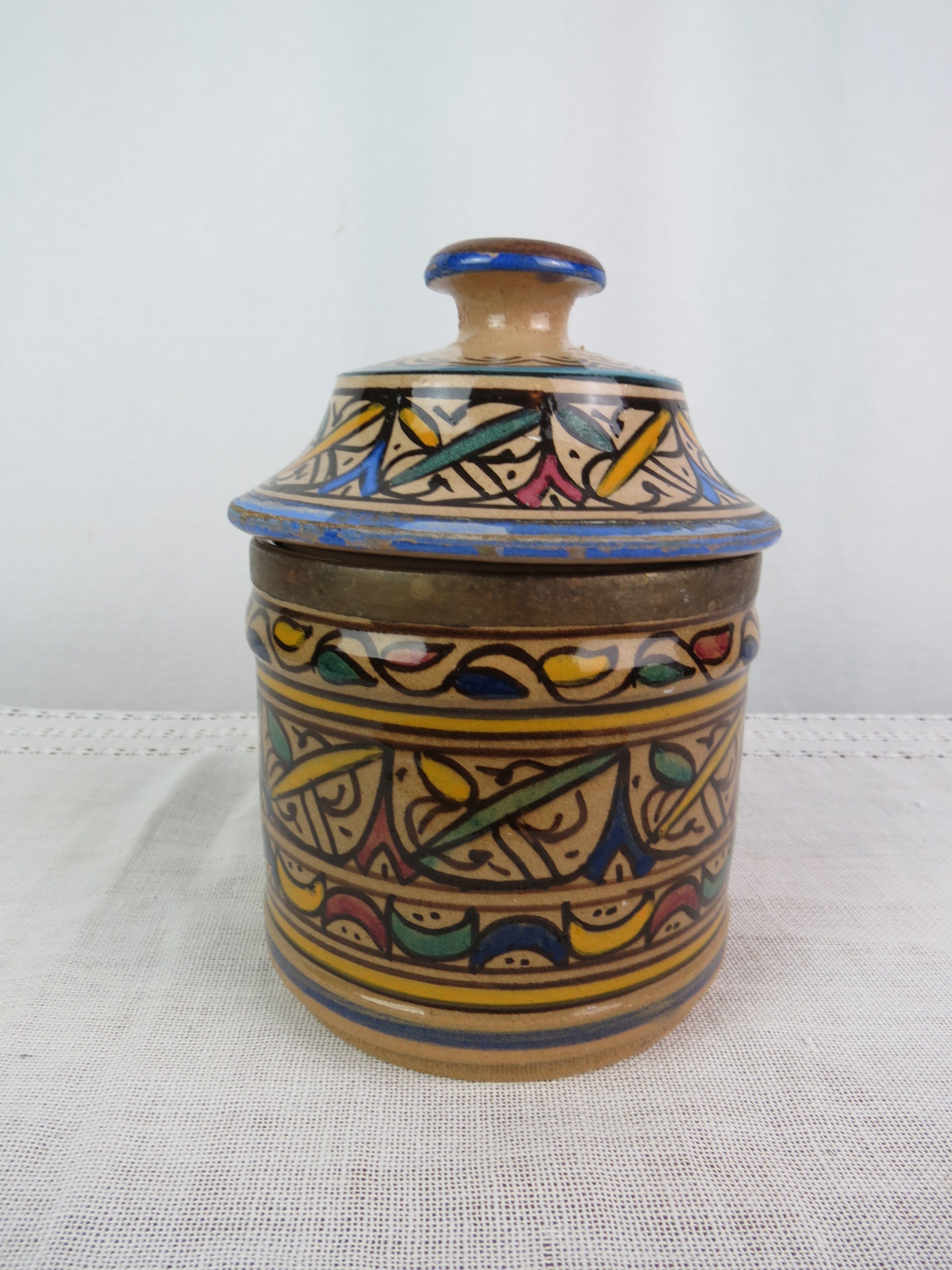 Vintage Moroccan Fez Pottery Canister With Copper Band and | Etsy