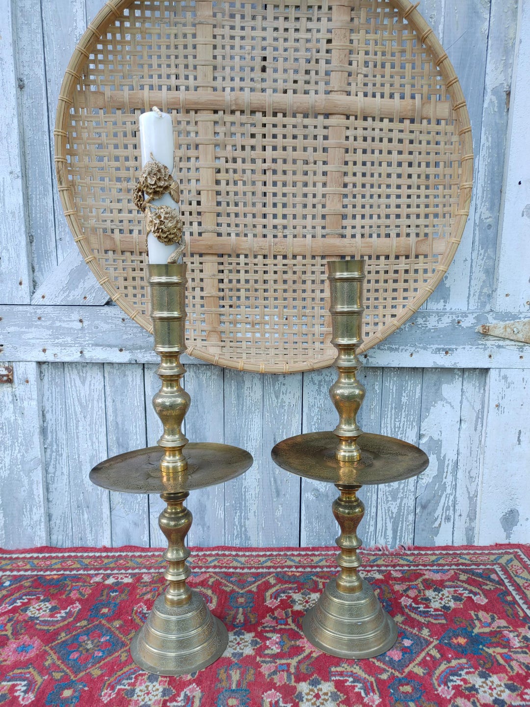 Large Mid Century Etched Brass Altar Candlesticks, Moroccan Brass 26 ...