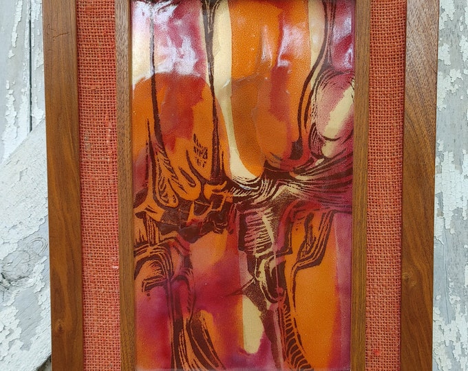 MCM Copper and Enamel Abstract Painting Framed in Teak With Burlap Mat ...