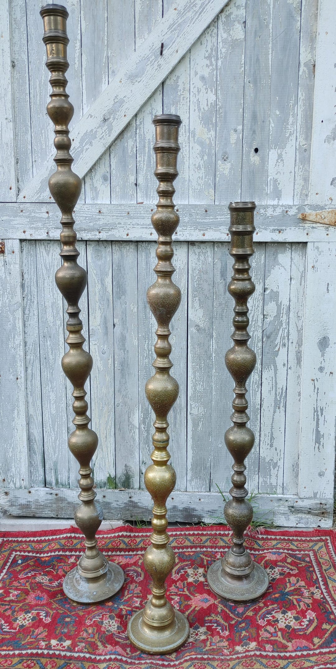 Three Extra Tall Mid Century Etched Brass Extra Tall Altar Candlesticks ...