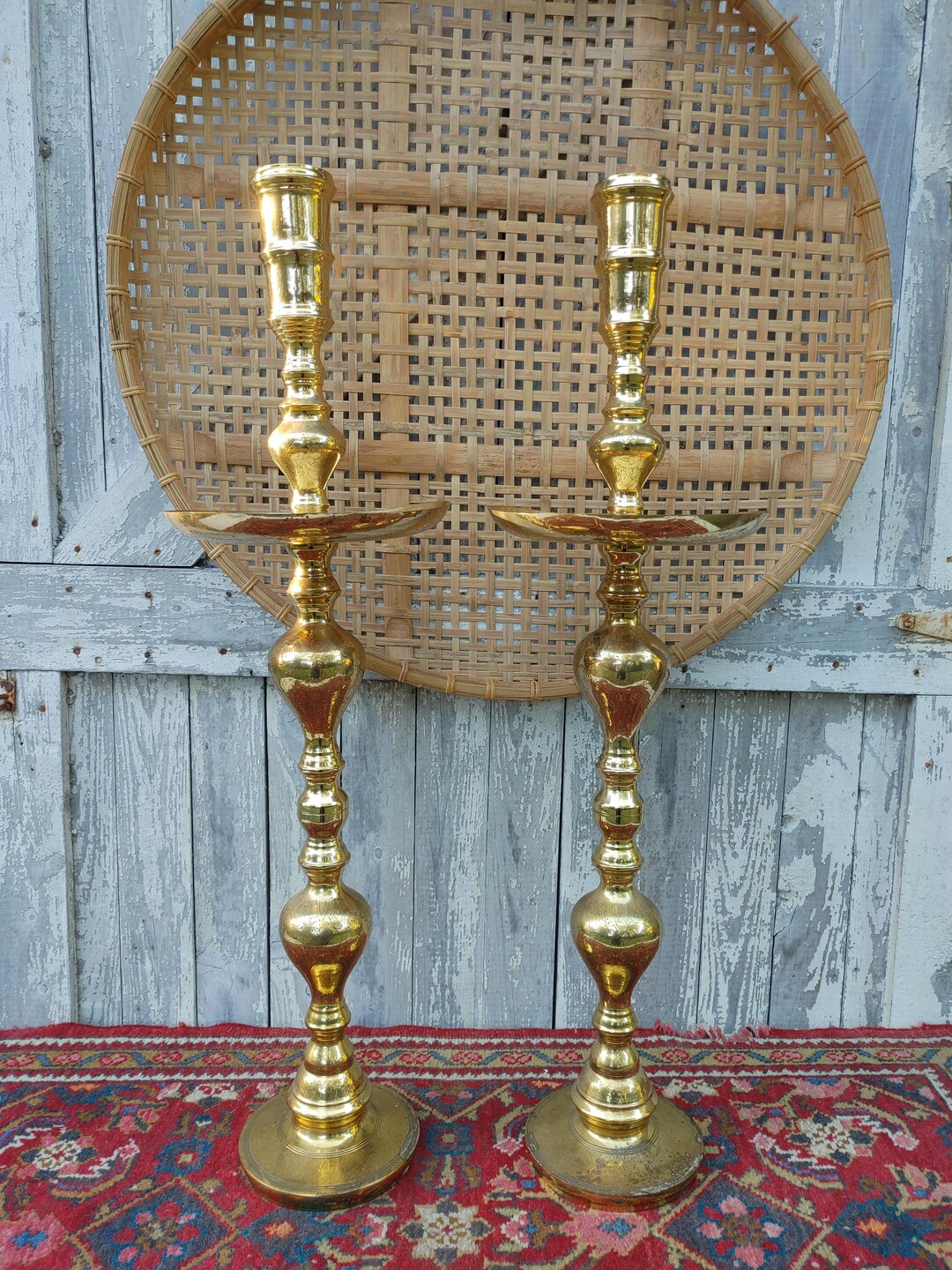 Huge Mid Century Etched Brass Extra Large Altar Candlesticks, Moroccan ...