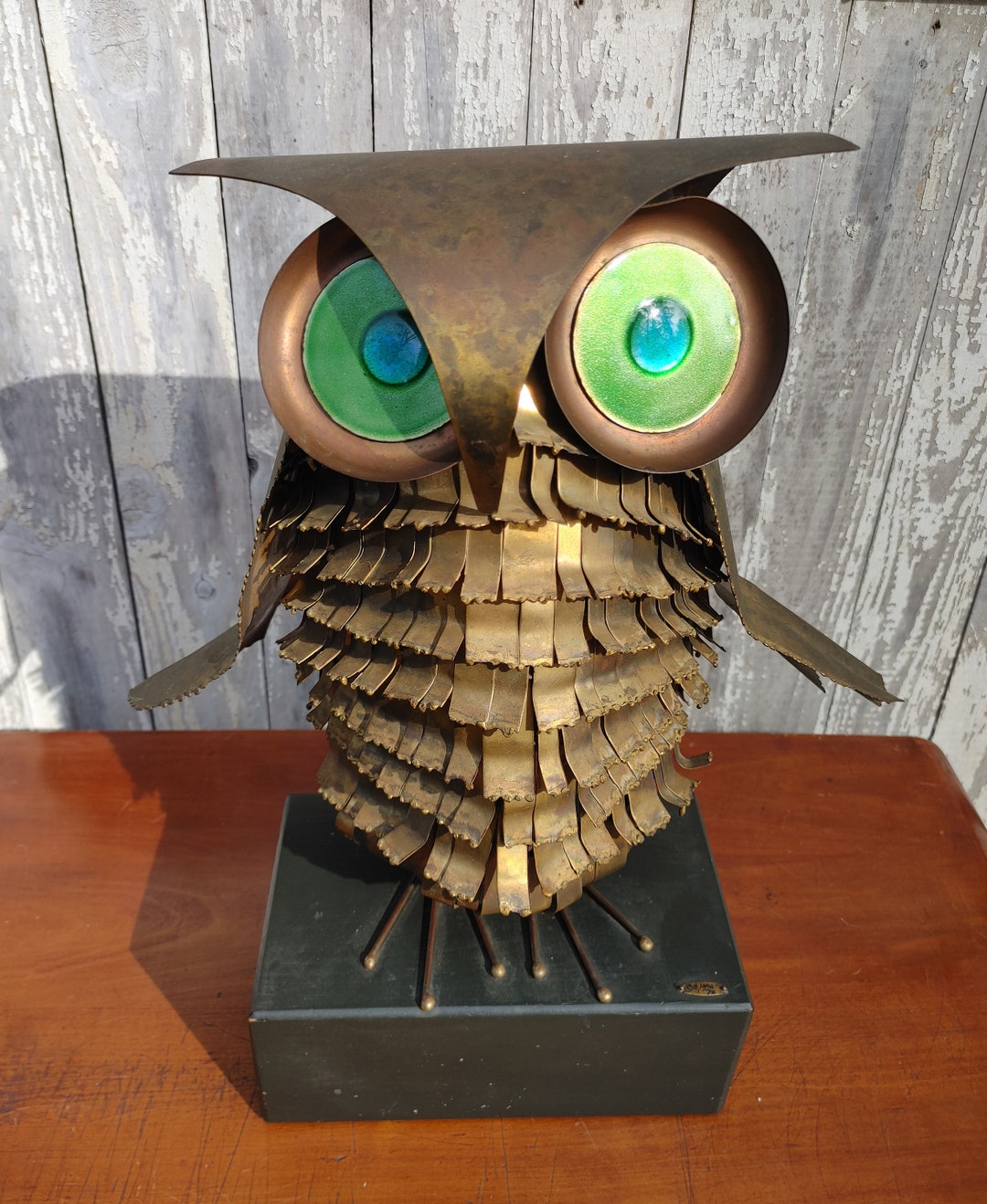 Curtis Jere MCM Brass and Enamel Brutalist Owl Sculpture With Enamel Eyes, Signed and Dated ...