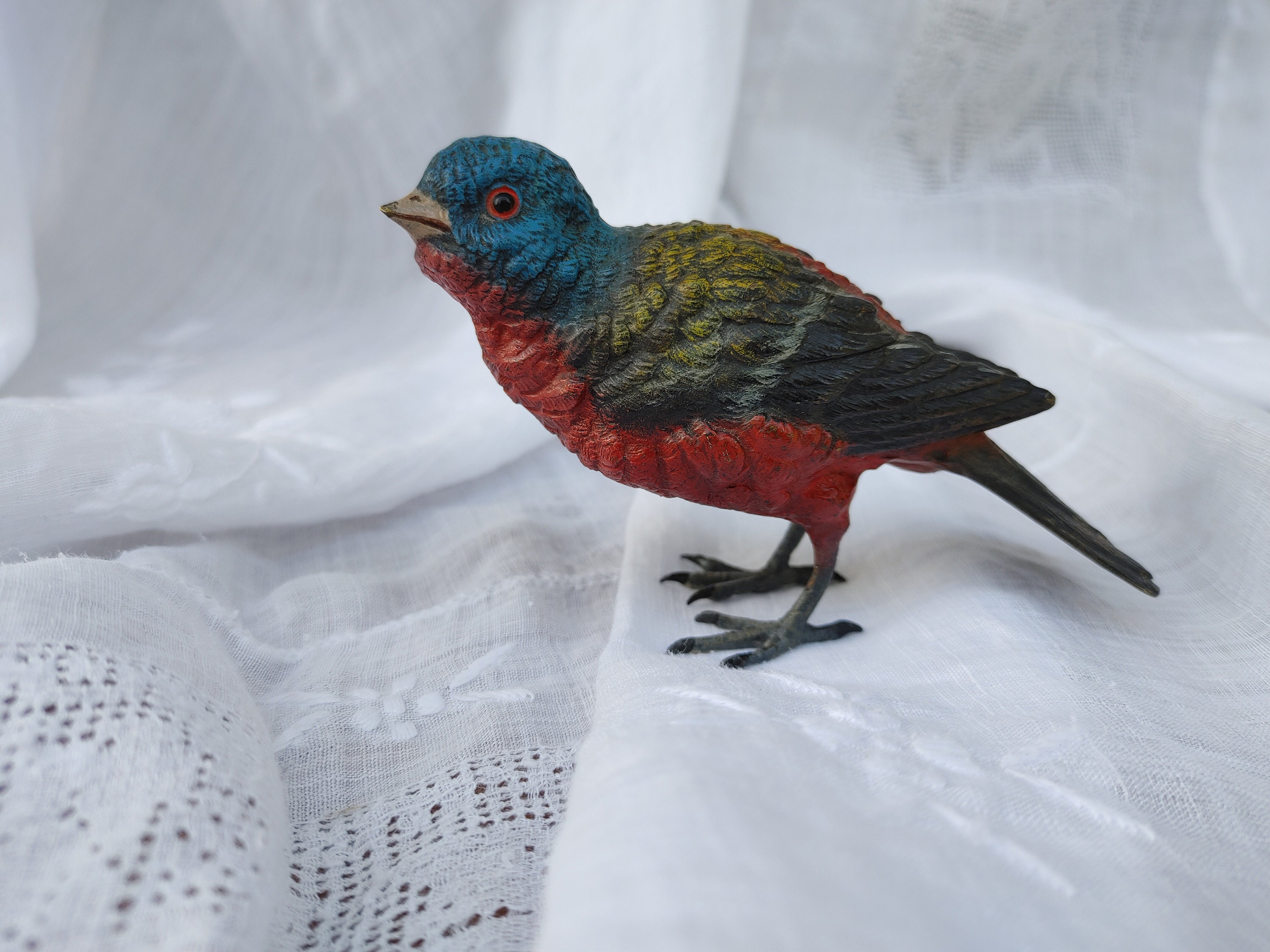 Antique Cold Painted Bronze Painted Bunting Bird Sculpture, Antique ...