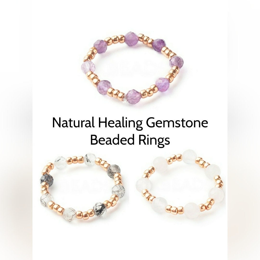 Beaded Stackable Rings Gemstone Beaded Ring, Crystal Ring, Stretch ...
