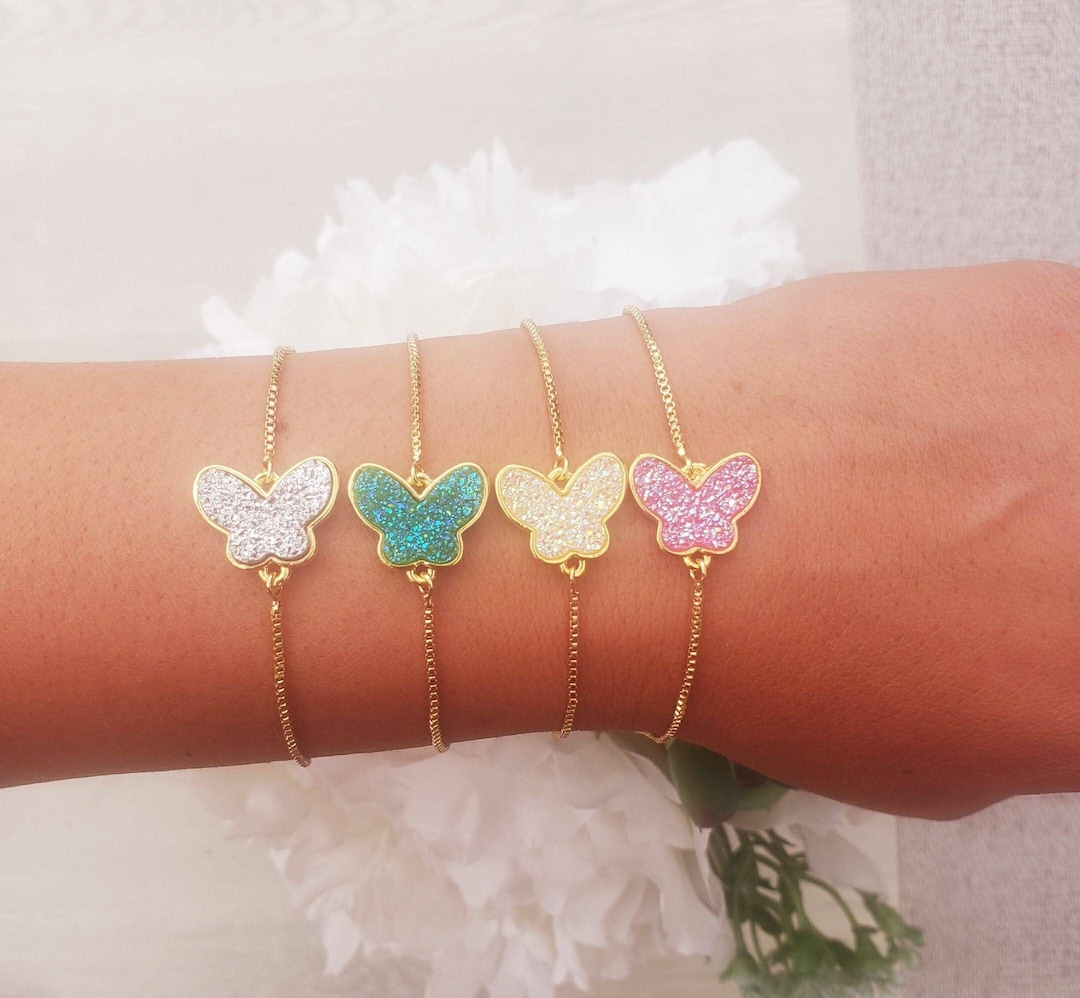 Druzy Butterfly Bracelet, Pink Butterfly Bracelet, Adjustable Bracelet ...