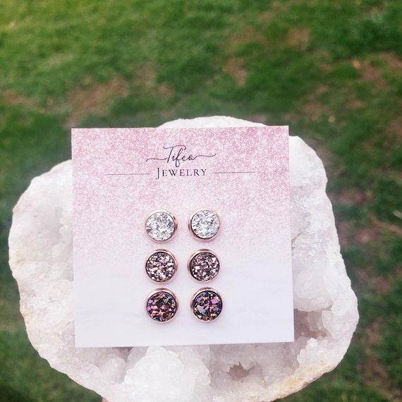 Rose Gold Druzy Earring Set 8MM Graduation Gift Set Small Gold Earrings Rose Gold Earrings Jewelry Gift Set Hypoallergenic Earrings Etsy