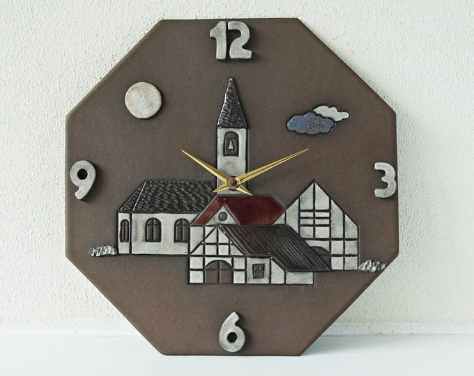 Brown Mid Century Ceramic Wall Clock, Village Decor, Studio Pottery ...