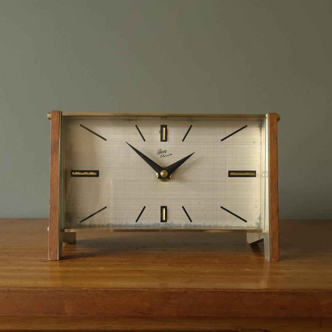 SCHATZ, Mid Century Brass and Wood Table Clock / Desk Clock, West ...