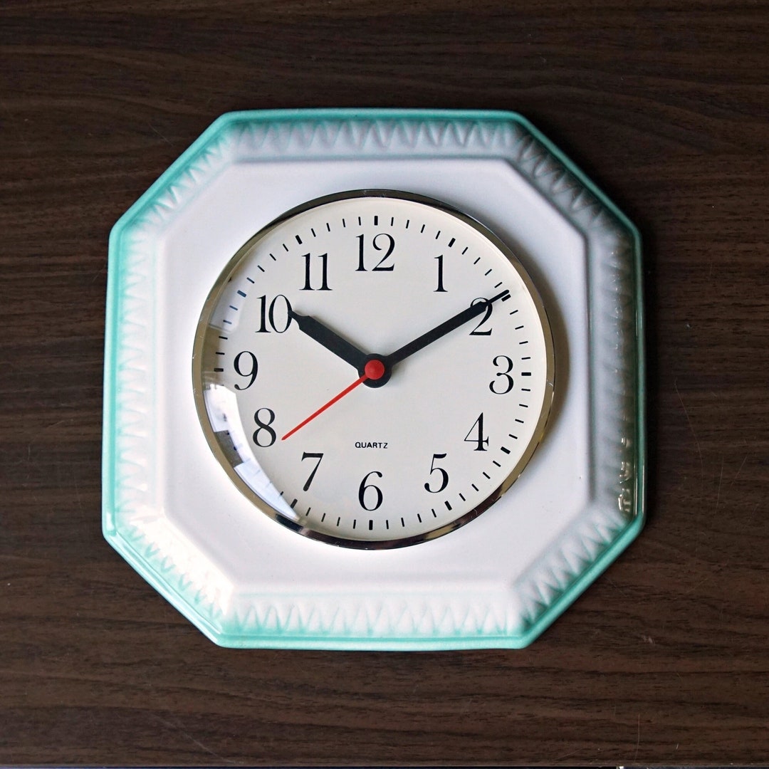 White and Green Mid Century Ceramic Wall Clock, Relief Decor, West ...