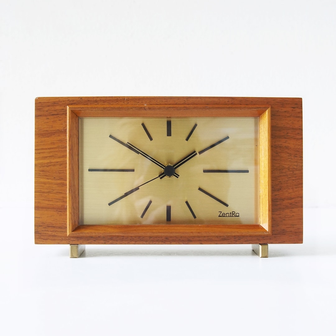 ZENTRA Mid Century Table Clock / Desk Clock, in Wood and Brass, West ...