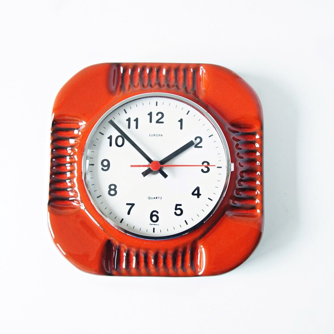 EUROPA Red Mid Century Ceramic Wall Clock, Relief Decor, West Germany ...