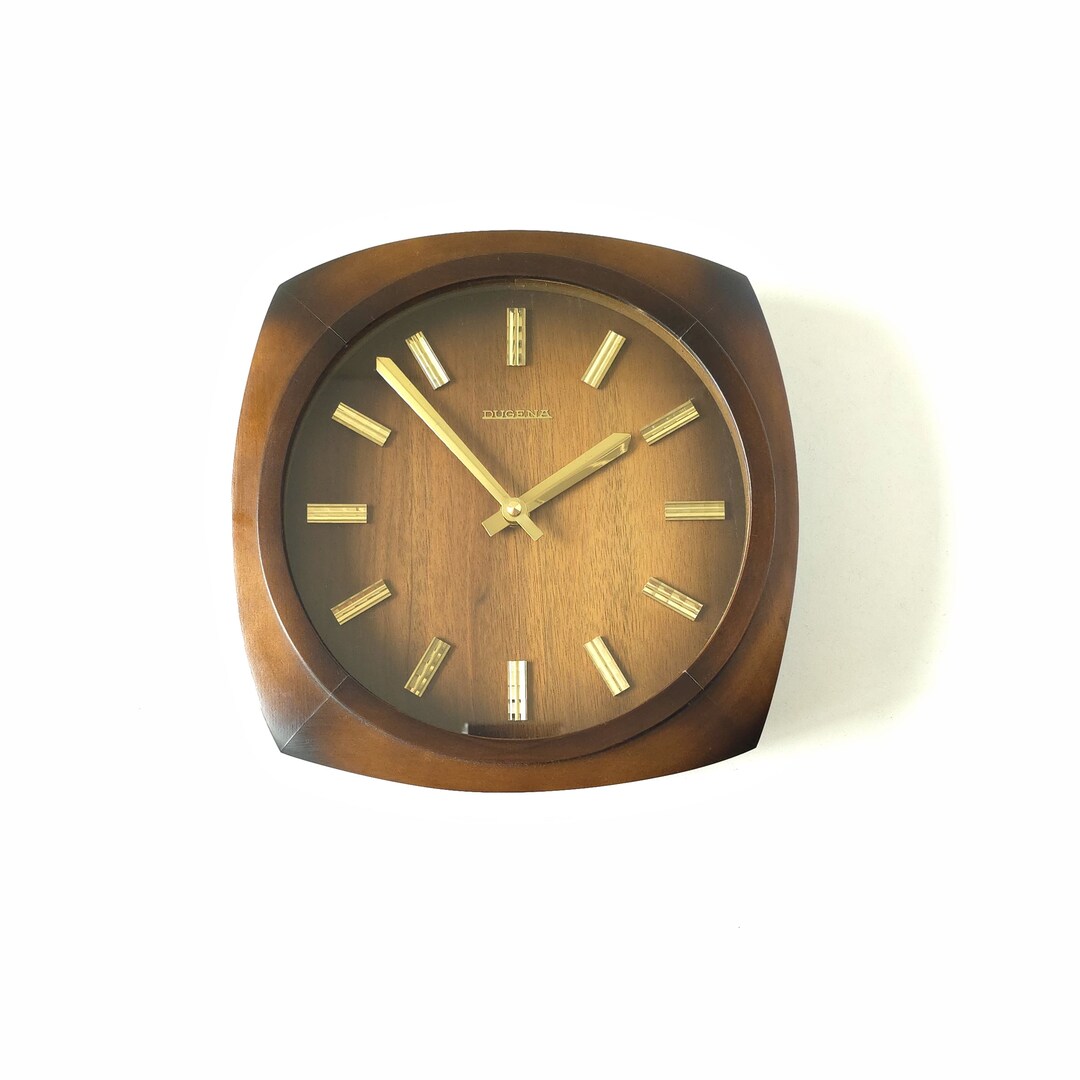 DUGENA, Mid Century Wall Clock in Wood and Brass, West Germany - Etsy