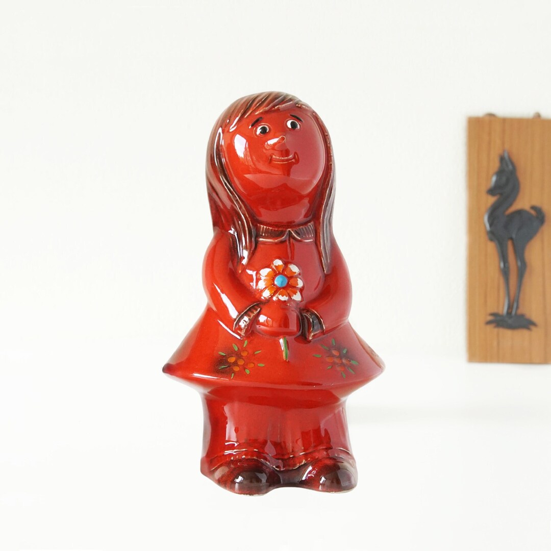 JEMA Holland, Large Red Mid Century Ceramic Saving Bank, Girl Figurine ...