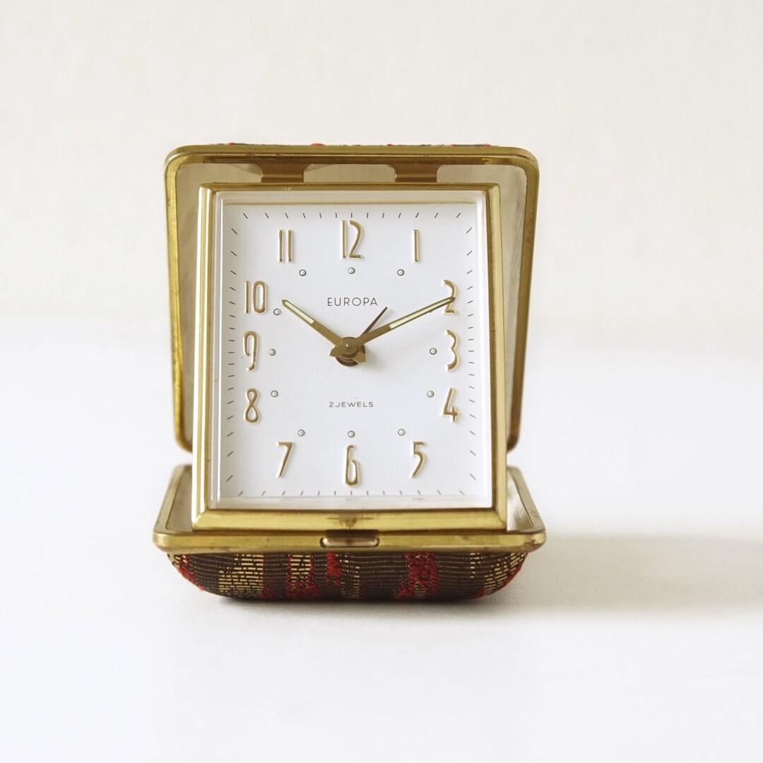 Brass Mid Century Travel Alarm Clock, Fabric Covered Case by Europa ...